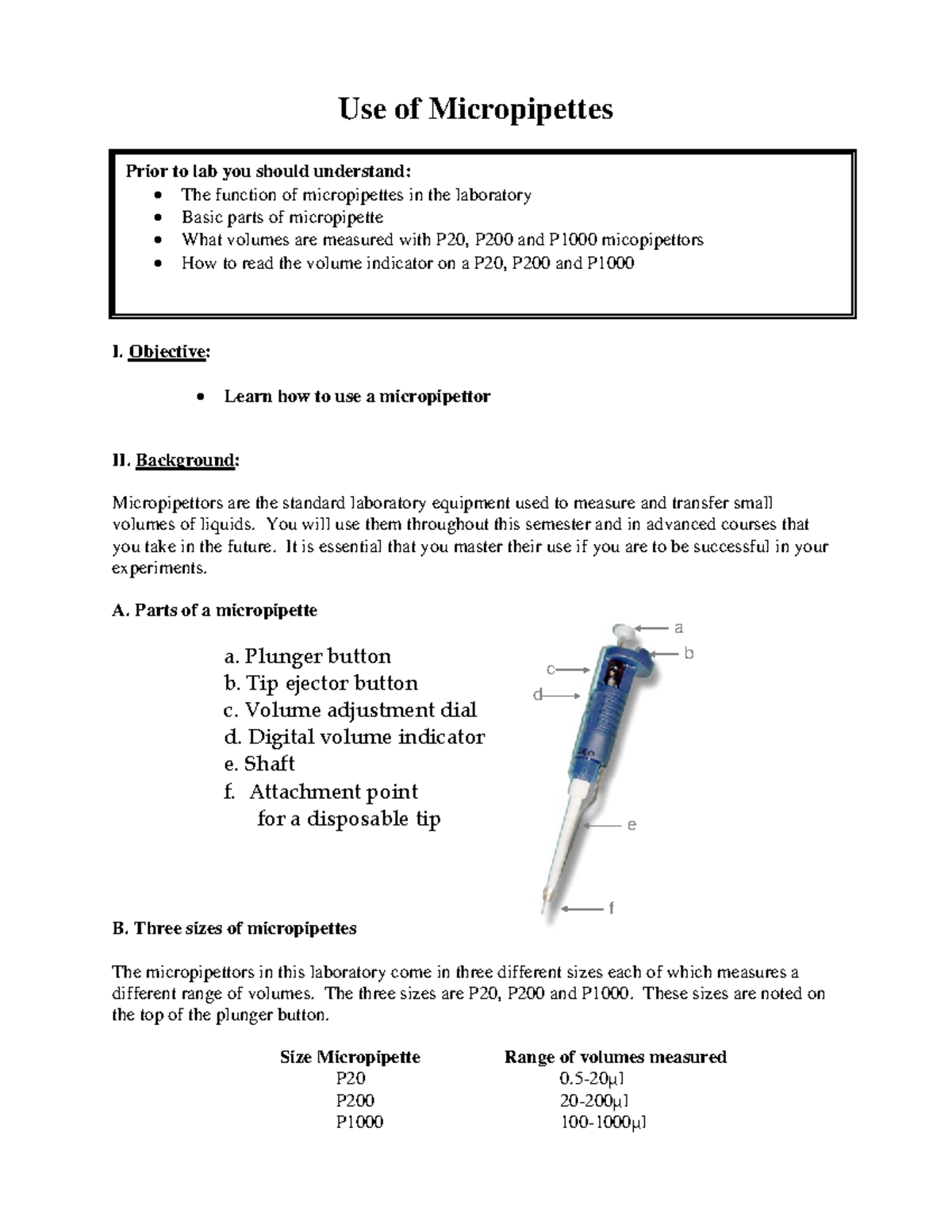 Micropipetting Lab Instructions - Use of Micropipettes Prior to lab you ...
