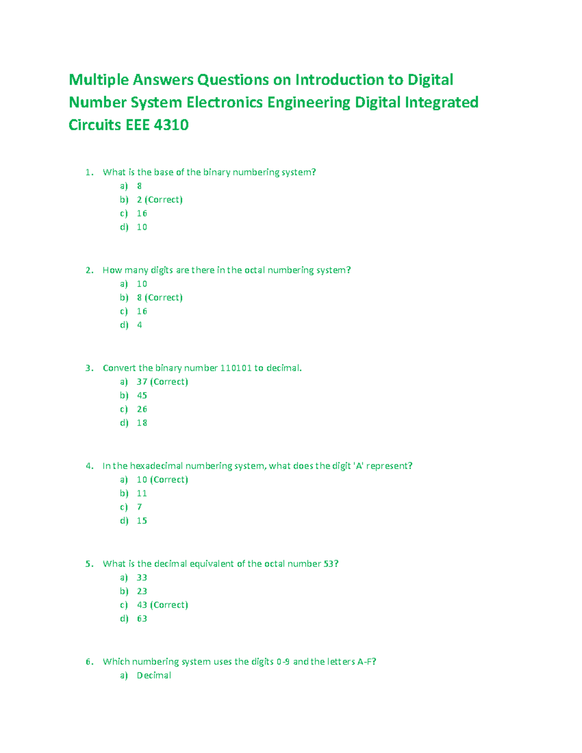 Multiple Answers Questions on Introduction to Digital Number System ...