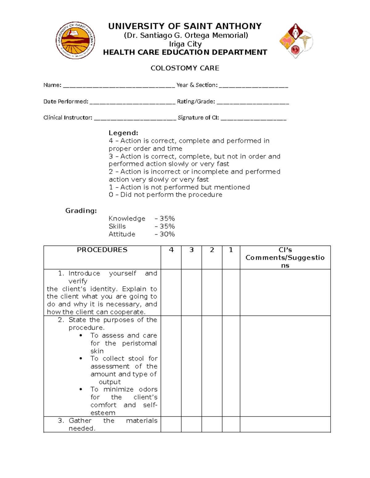 Colostomy-CARE- Checklist - UNIVERSITY OF SAINT ANTHONY (Dr. Santiago G ...