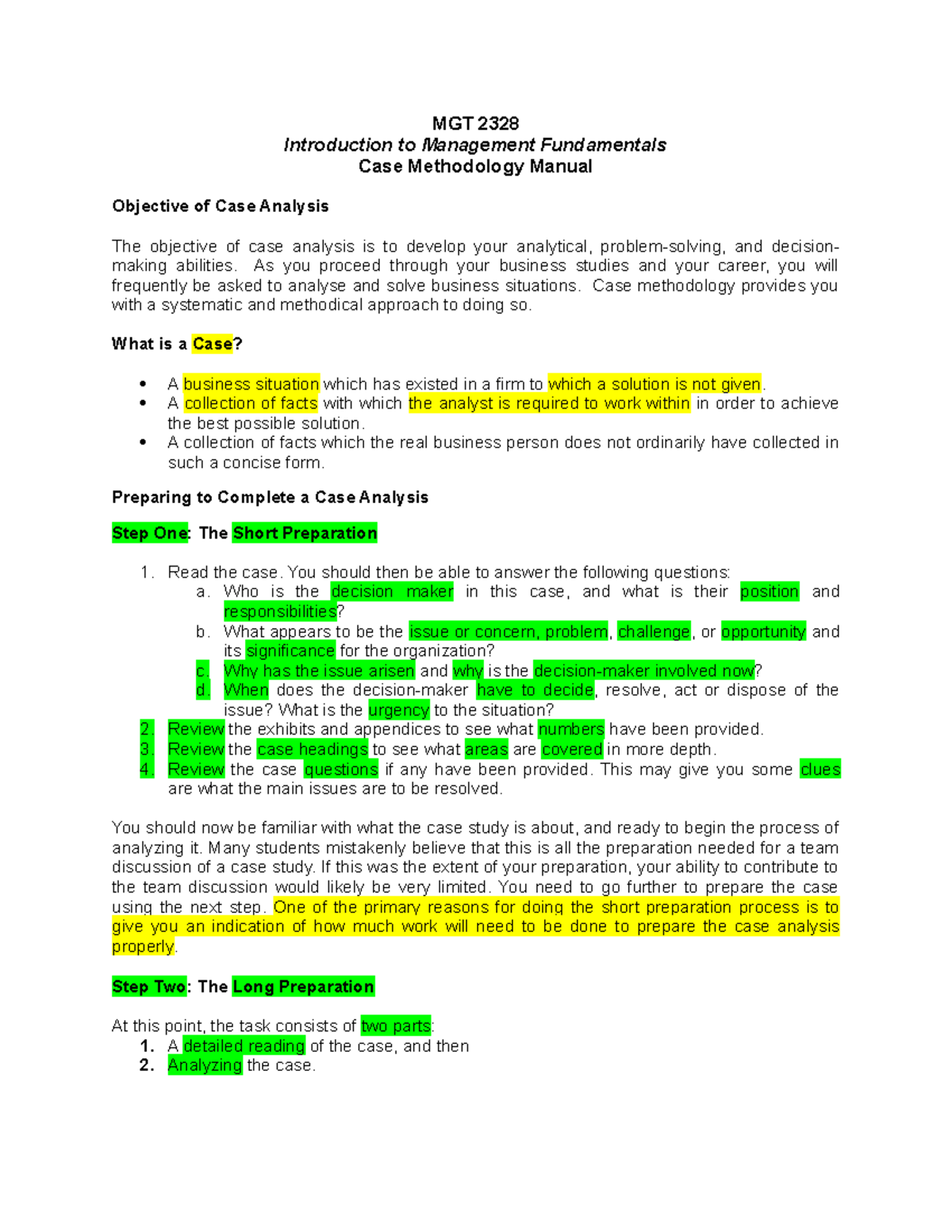 Case Methodology Student Manual - MGT 2328 Introduction to Management ...