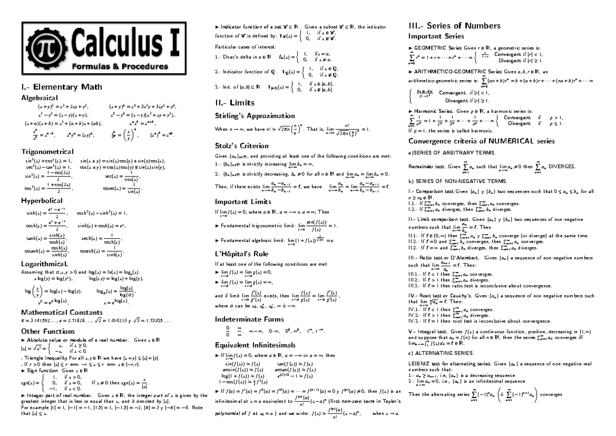 Calculus I - cheat sheet - I.- Elementary Math Algebraical (x + y) 2 ...