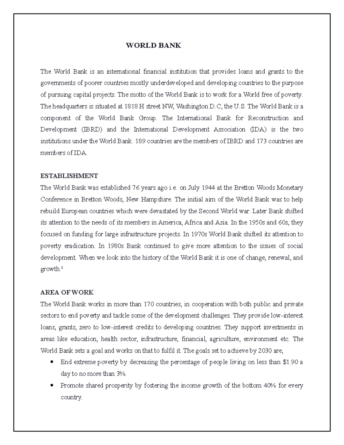 World BANK - Lecture notes 2 - WORLD BANK The World Bank is an ...