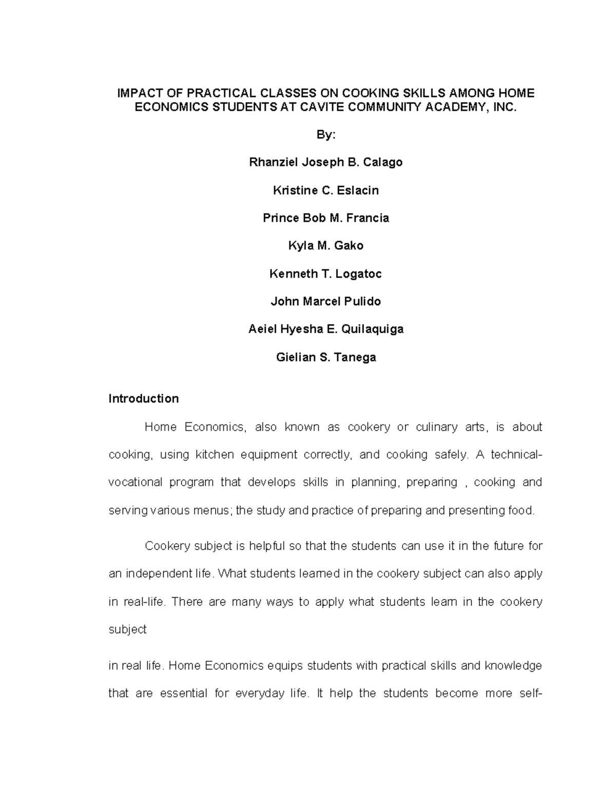 Pr1-group 1 - Research - IMPACT OF PRACTICAL CLASSES ON COOKING SKILLS ...