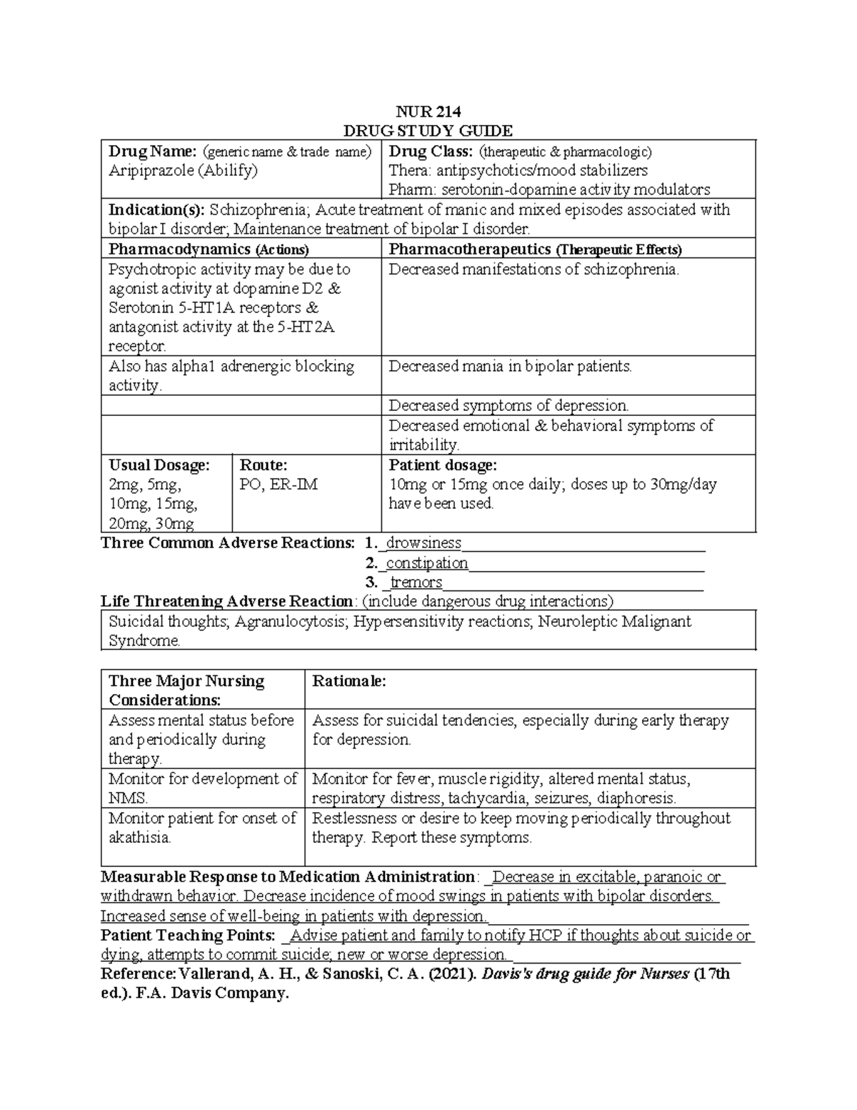 Aripiprazole (Abilify) - NUR 214 DRUG STUDY GUIDE Drug Name: (generic ...