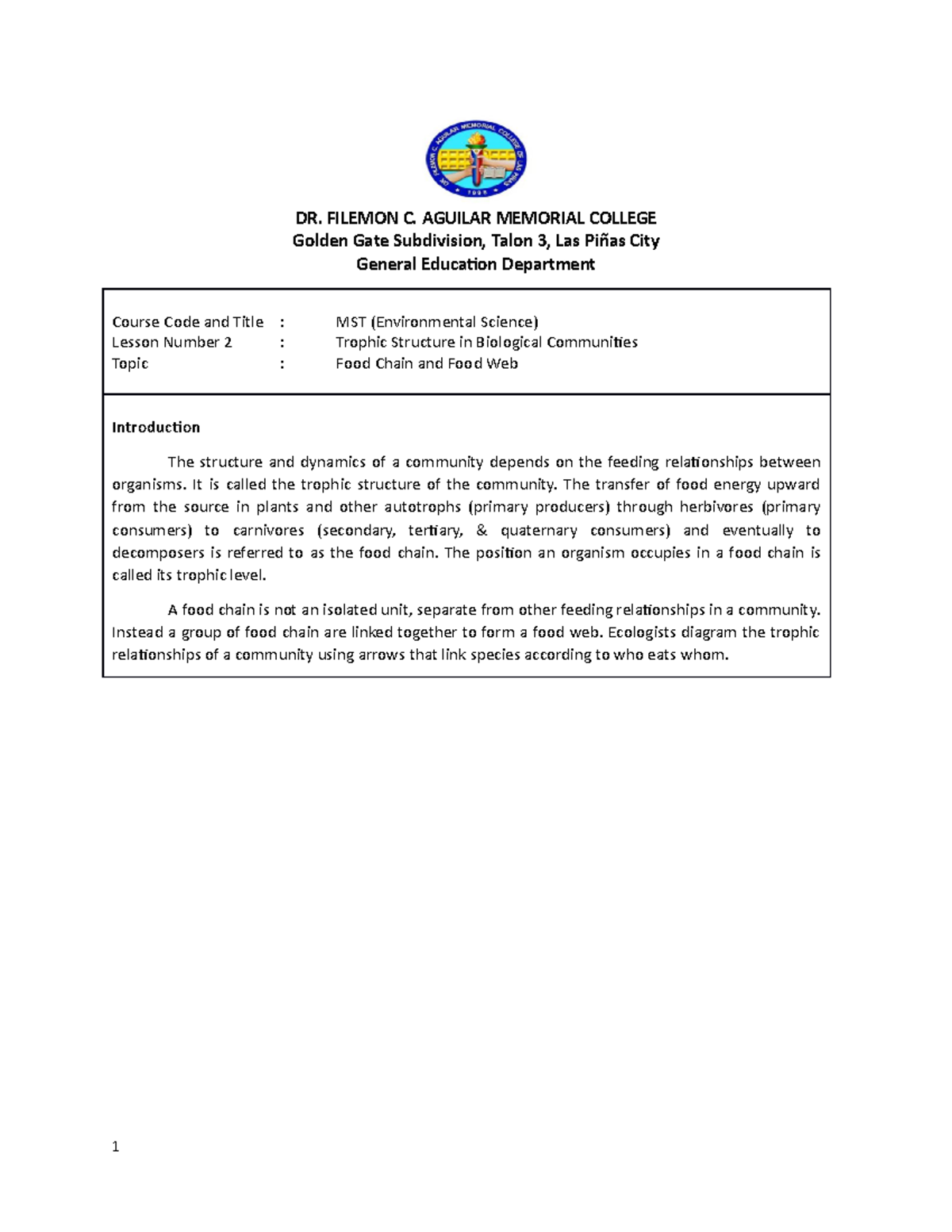 2Module in Environmental Science 2 - DR. FILEMON C. AGUILAR MEMORIAL ...