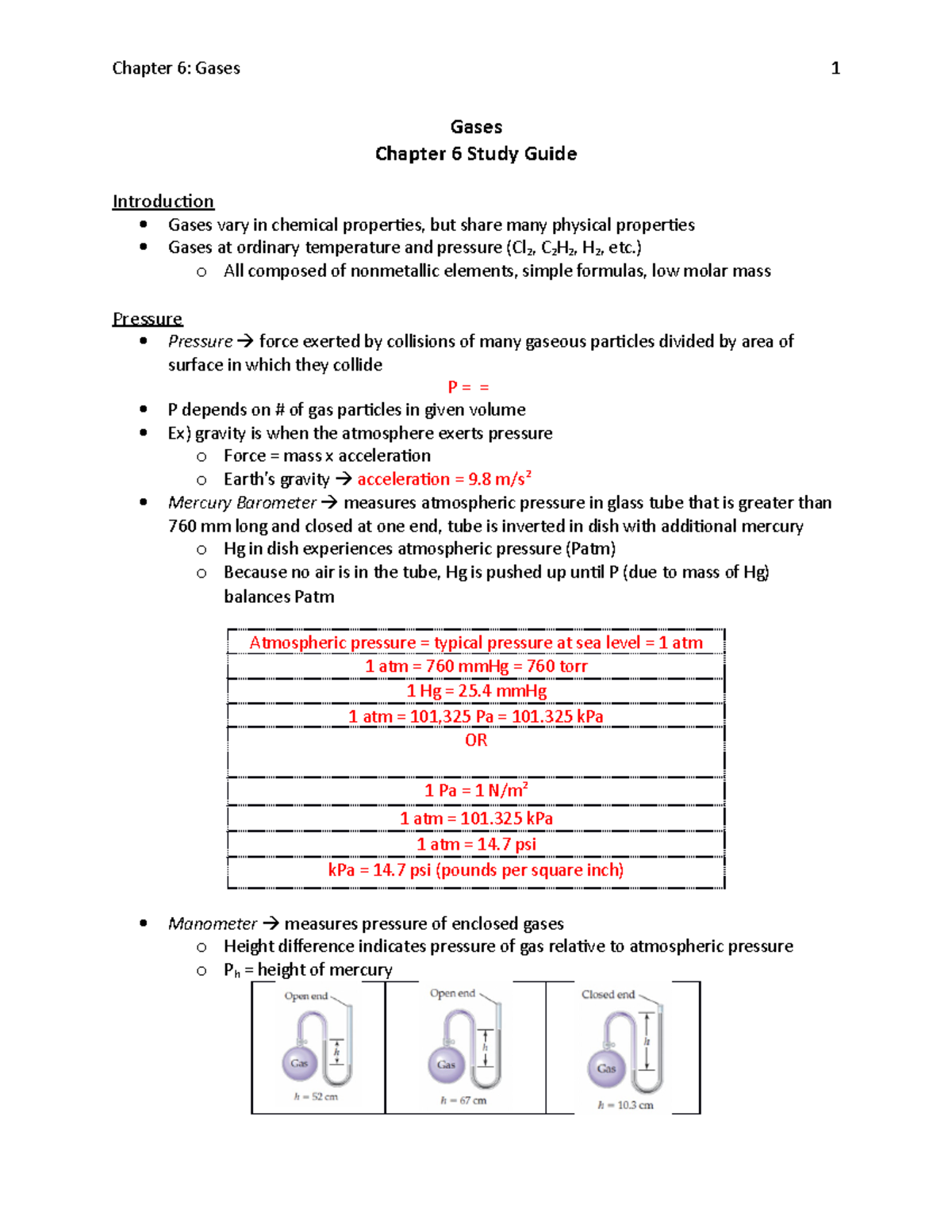 Gen Chem I - Chapter 6 Study Guide, Prof Deak - Gases Chapter 6 Study ...