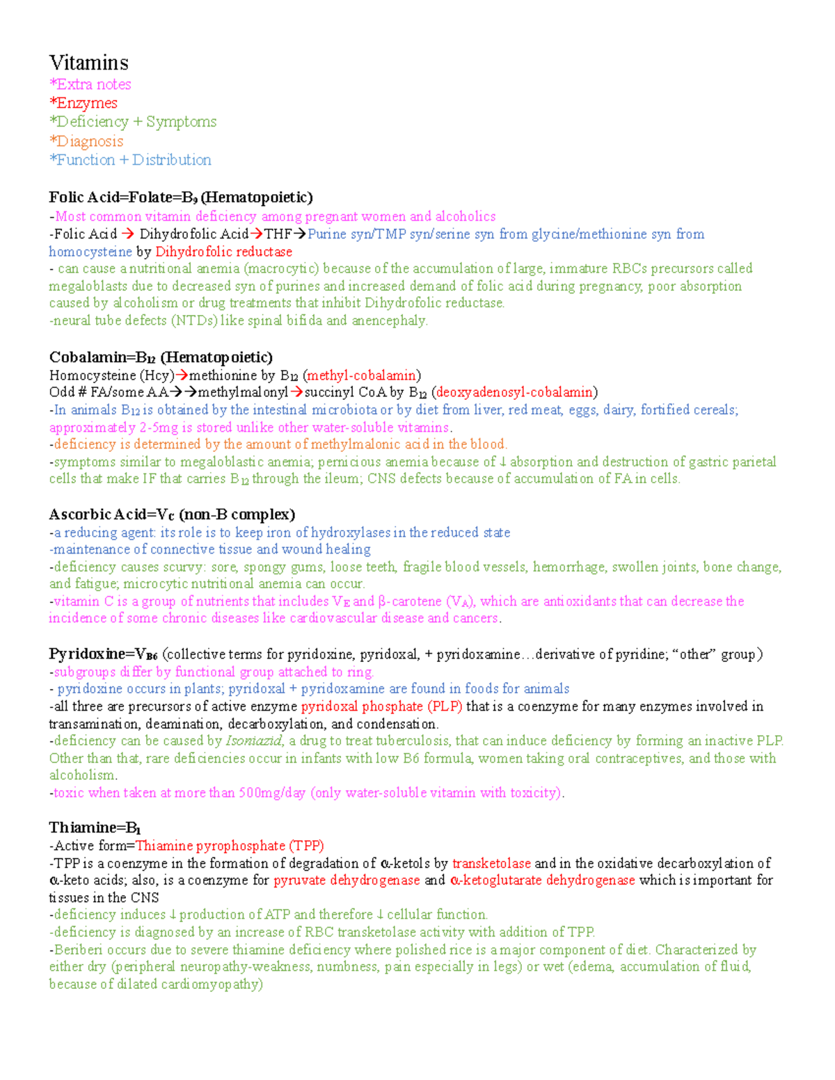 Vitamins + Minerals Notes - Vitamins *Extra notes *Enzymes *Deficiency ...