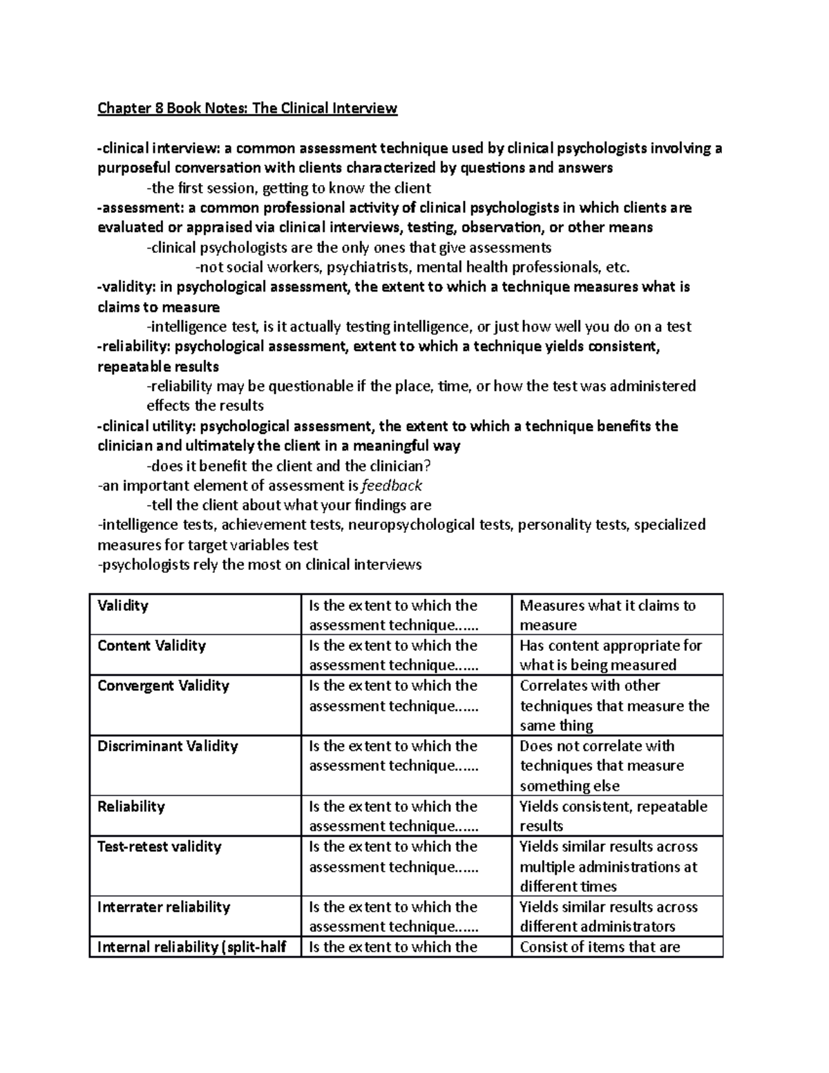 Chapter 8 Book Notes - Chapter 8 Book Notes: The Clinical Interview ...