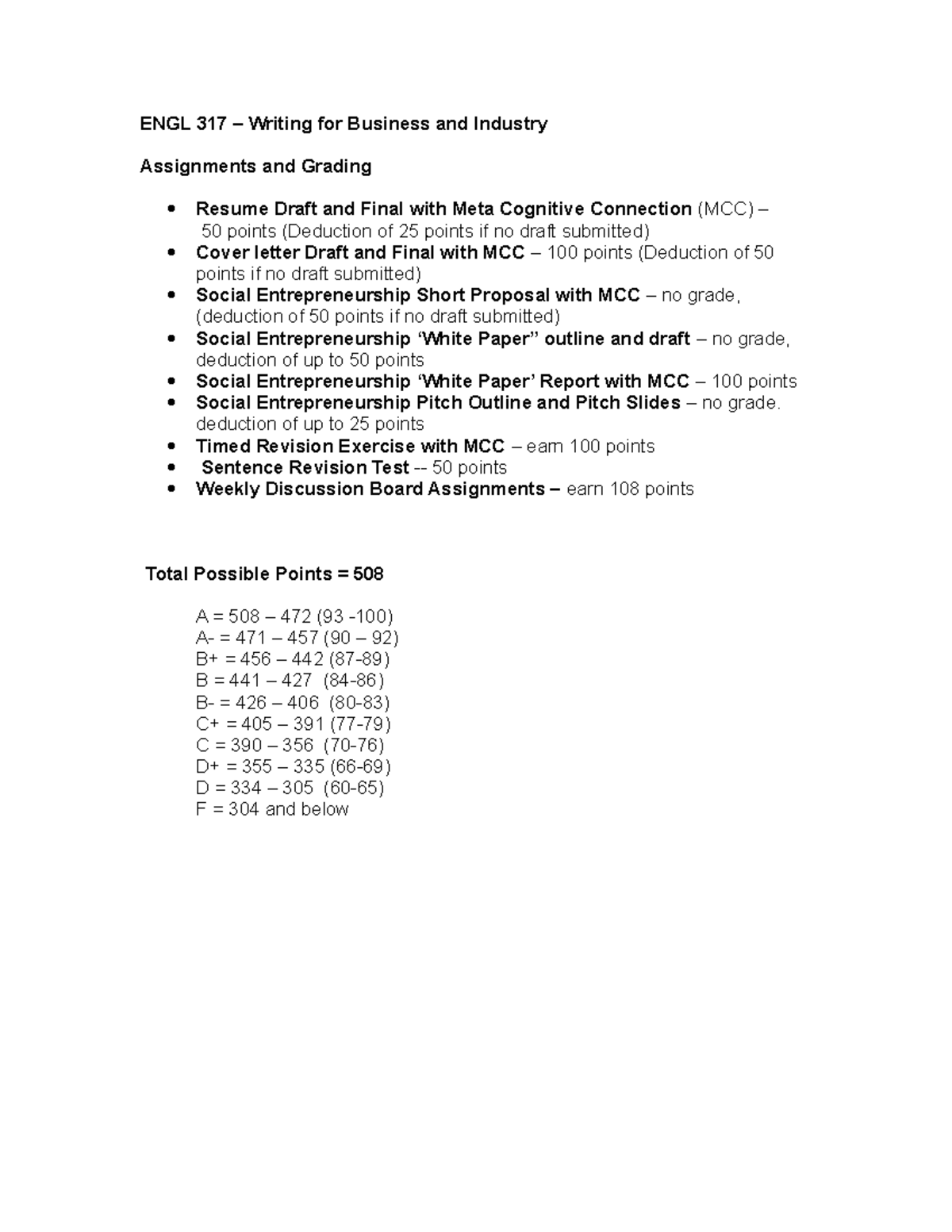 ENGL 317 –Assignments and Grading Points. Writing for Business and ...