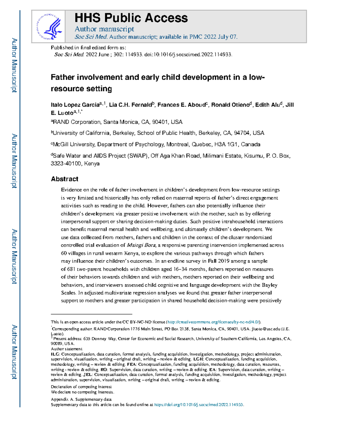 Father involvement and early child development in - Fernaldb, Frances E ...