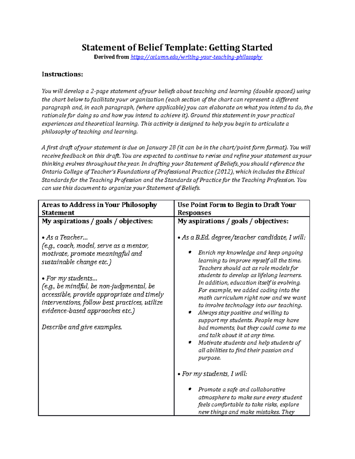 PROF 411 Statement of Belief - Statement of Belief Template: Getting ...