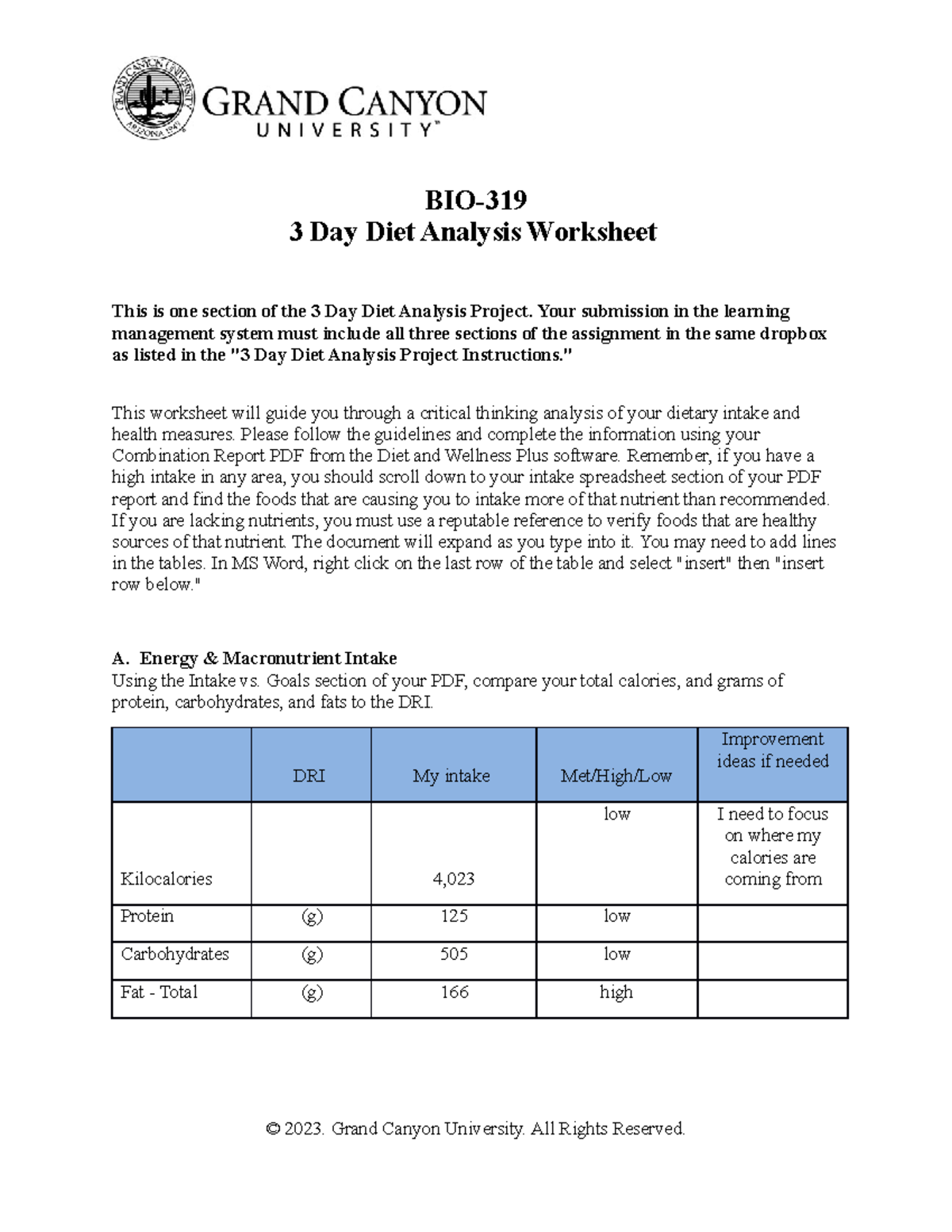 Diet analysis - super easy paper - BIO- 3 Day Diet Analysis Worksheet ...