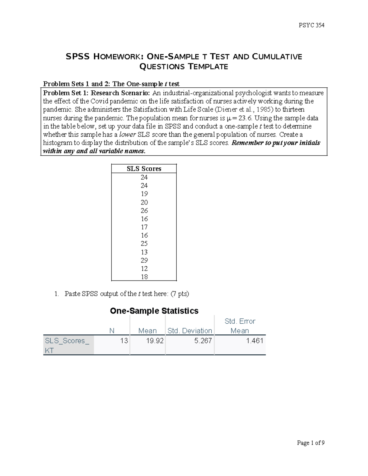 SPSS Homework One Sample t Test and Cumulative Questions Template ...