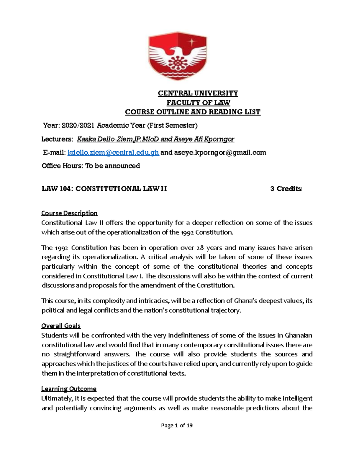 Course Outline for Constitutional II 2021 NEW - CENTRAL UNIVERSITY ...