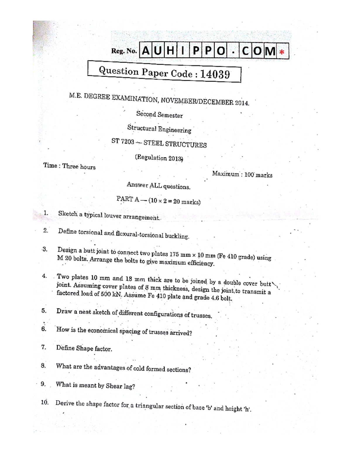 2 ASS NOV DEC 2014 - Question Paper - Reg. No. AUHIPPO Question Paper ...