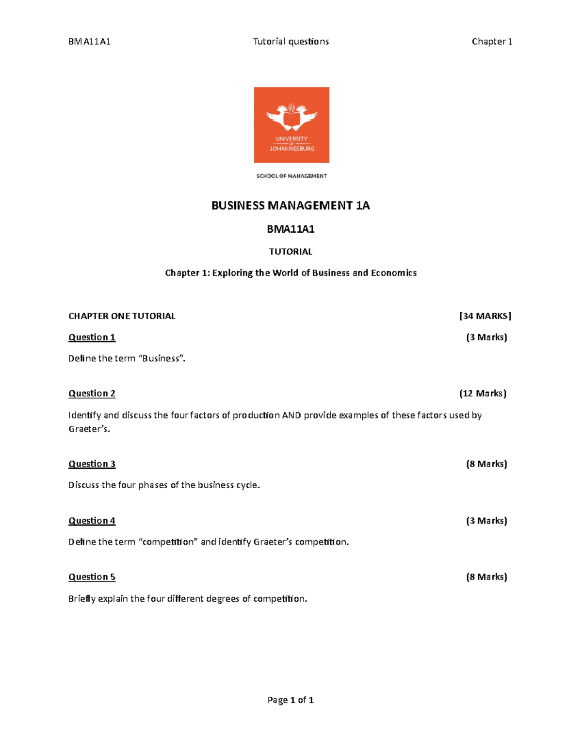 Chapter 1 tutorial questions - BMA11A1 Tutorial ques ons Chapter 1 Page ...