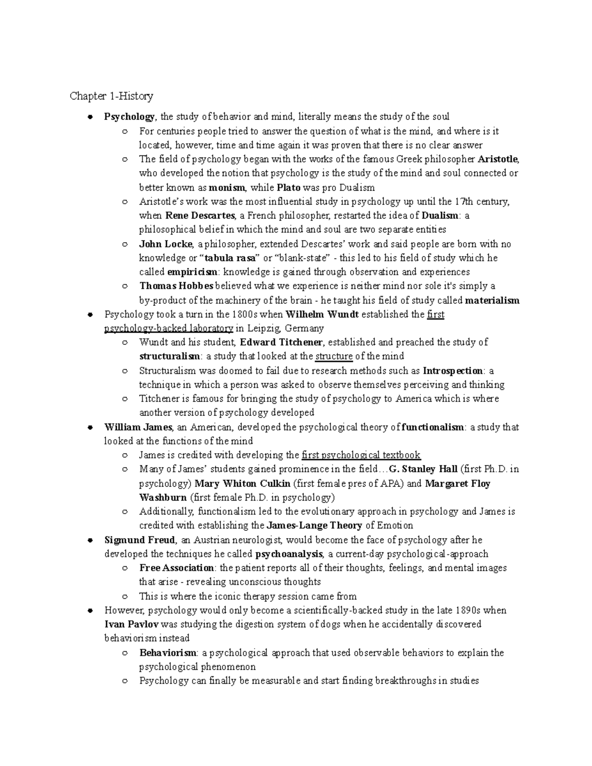 Intro to Psychology - psych notes - Chapter 1-History Psychology, the ...