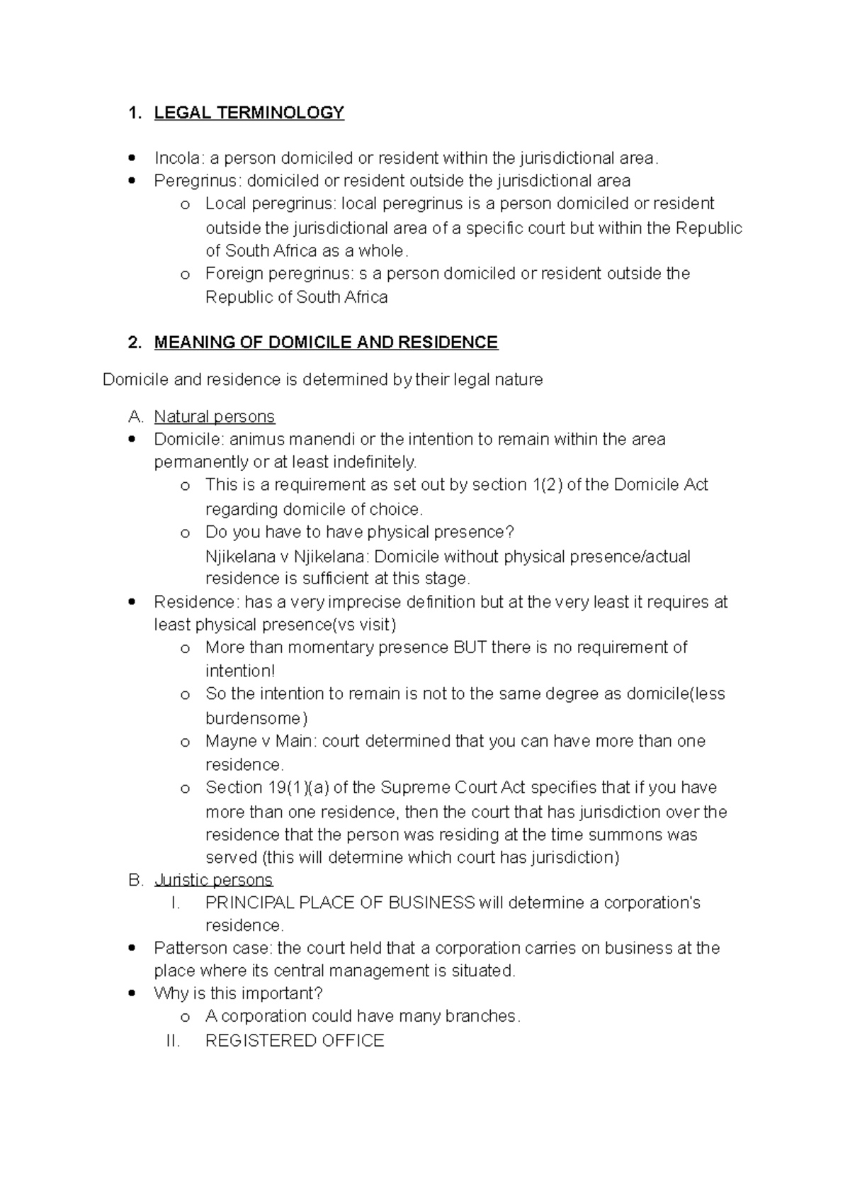 Civil procedure week 2 - 1. LEGAL TERMINOLOGY Incola: a person ...