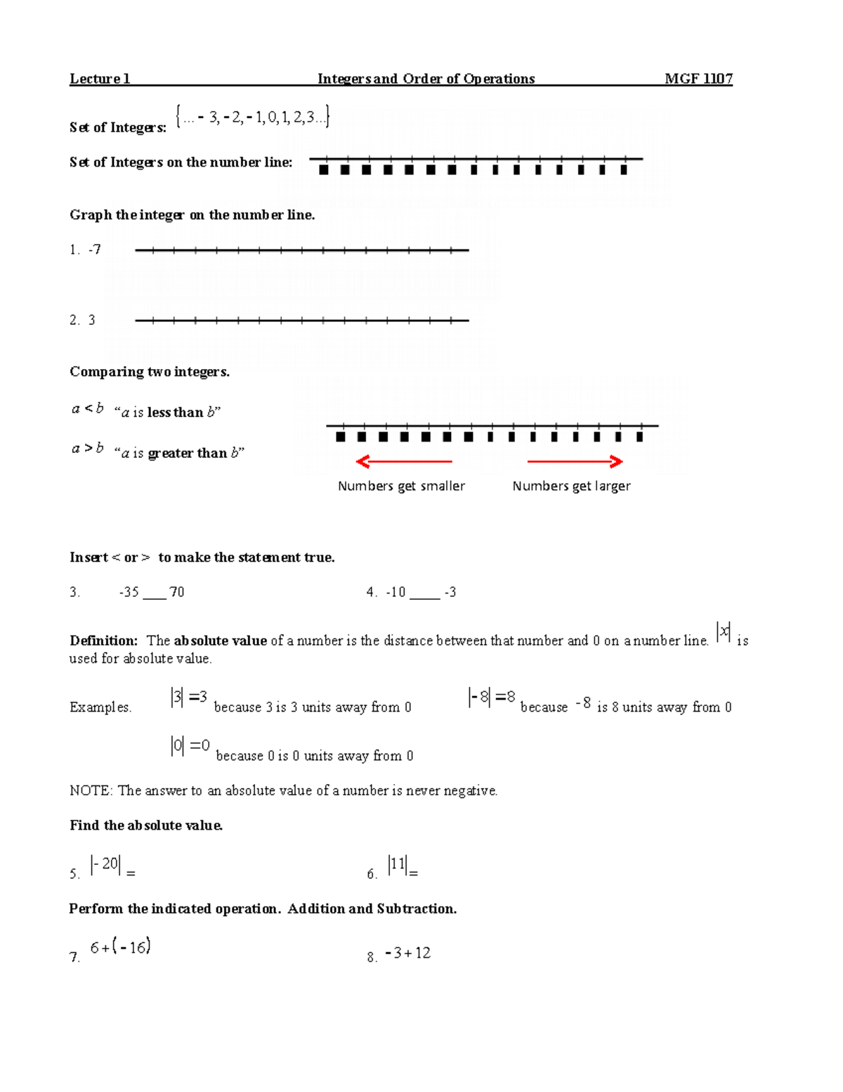 lecture (1): Integers and Order of Operations - Lecture 1 Integers and ...
