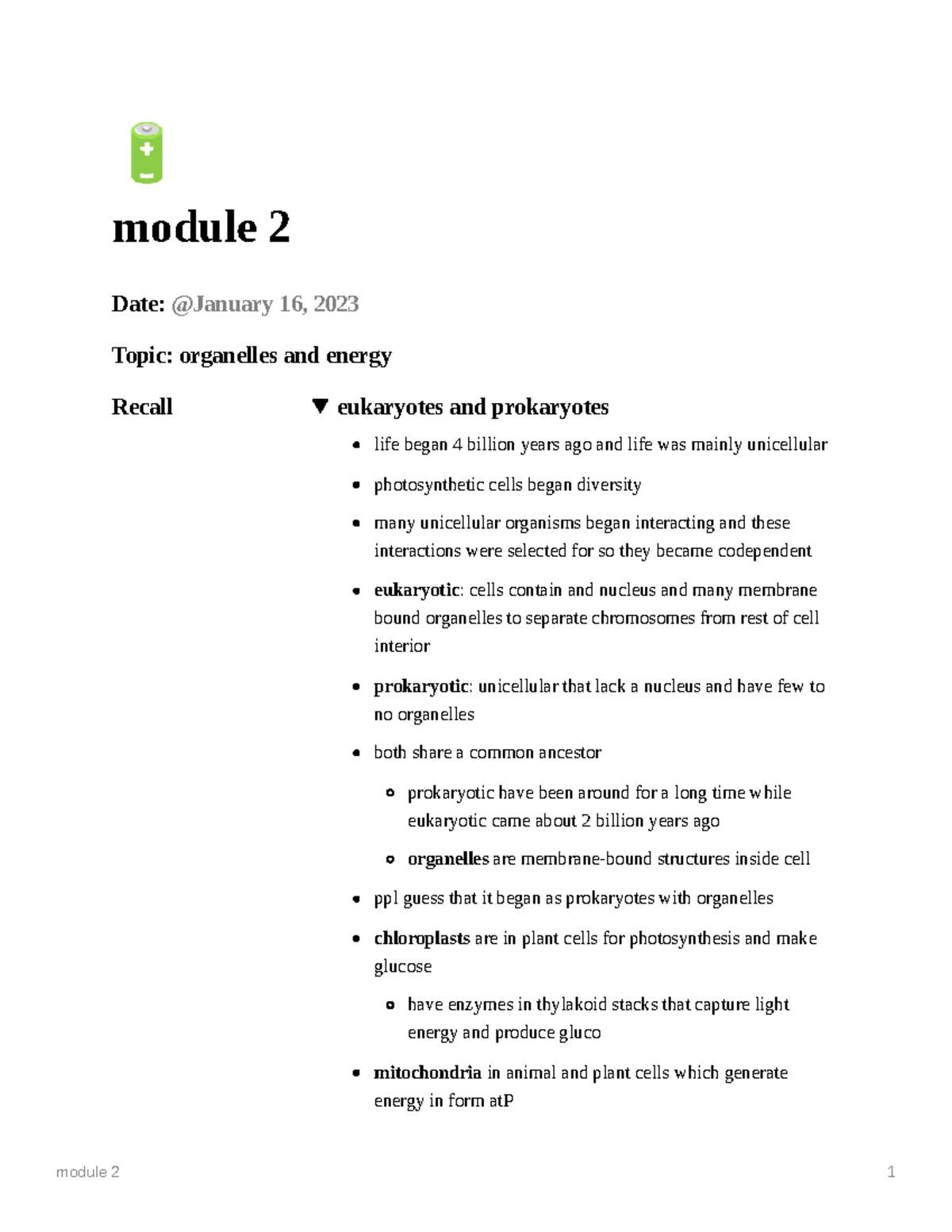 Module 2 - mod 2 - ø module 2 Date: Topic: organelles and energy Recall ...