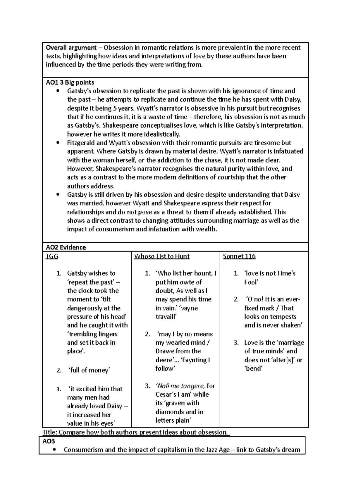 Comparative essay plan - Overall argument – Obsession in romantic ...