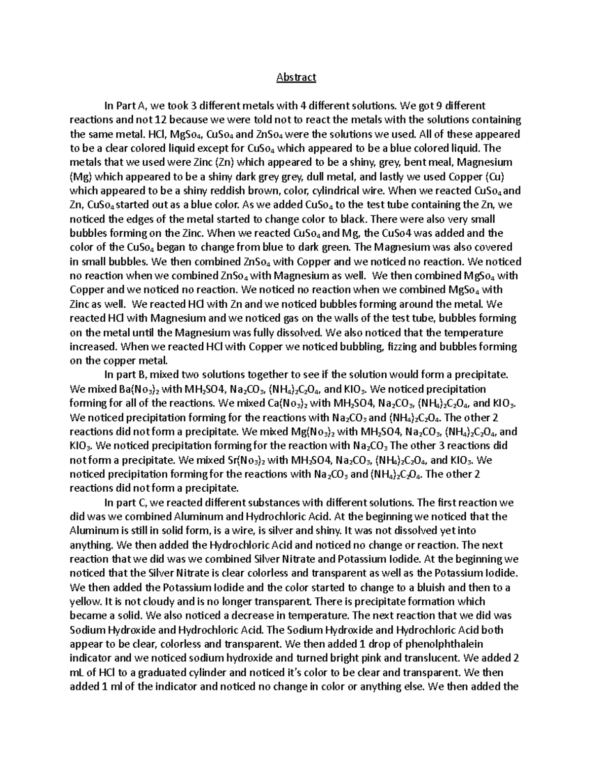 Abstract Chemical Reactions - Abstract In Part A, we took 3 different ...