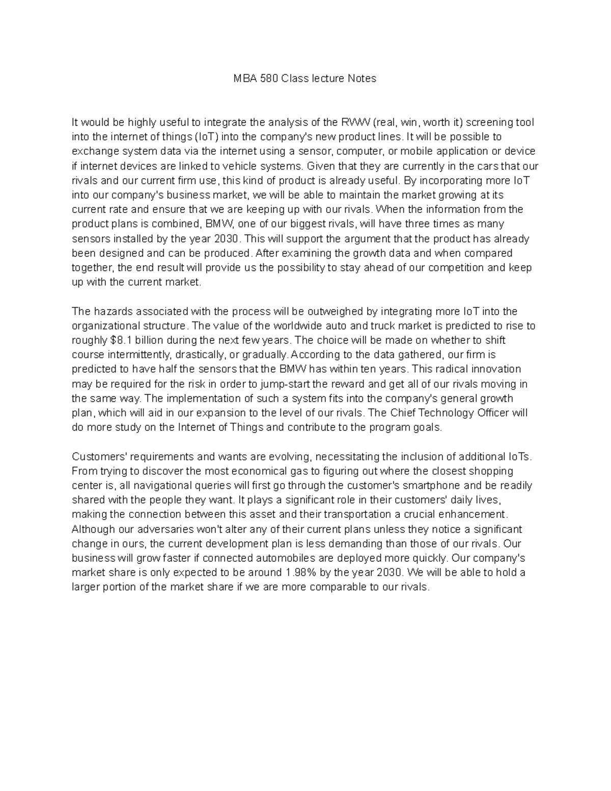 MBA 580 Class Notes - MBA 580 Class lecture Notes It would be highly ...