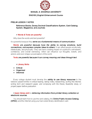 ENG100 Prelim Notes Lesson 4 - English Enhancement Course - MANUEL S ...
