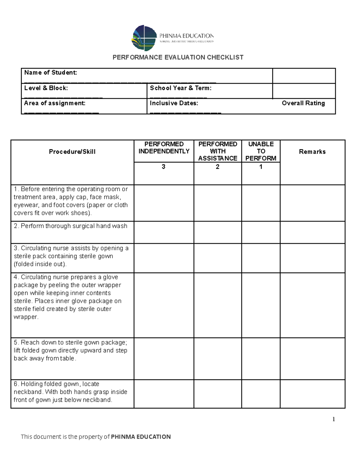 Gowning and Close Gloving - PERFORMANCE EVALUATION CHECKLIST Name of ...
