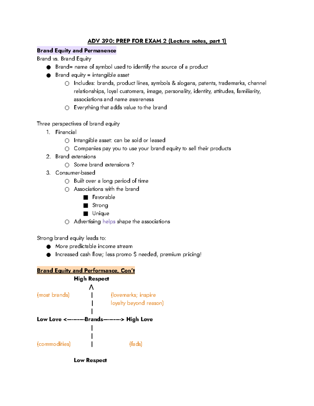 ADV 390 EXAM 2 PREP: Part 1 - ADV 390: PREP FOR EXAM 2 (Lecture notes ...