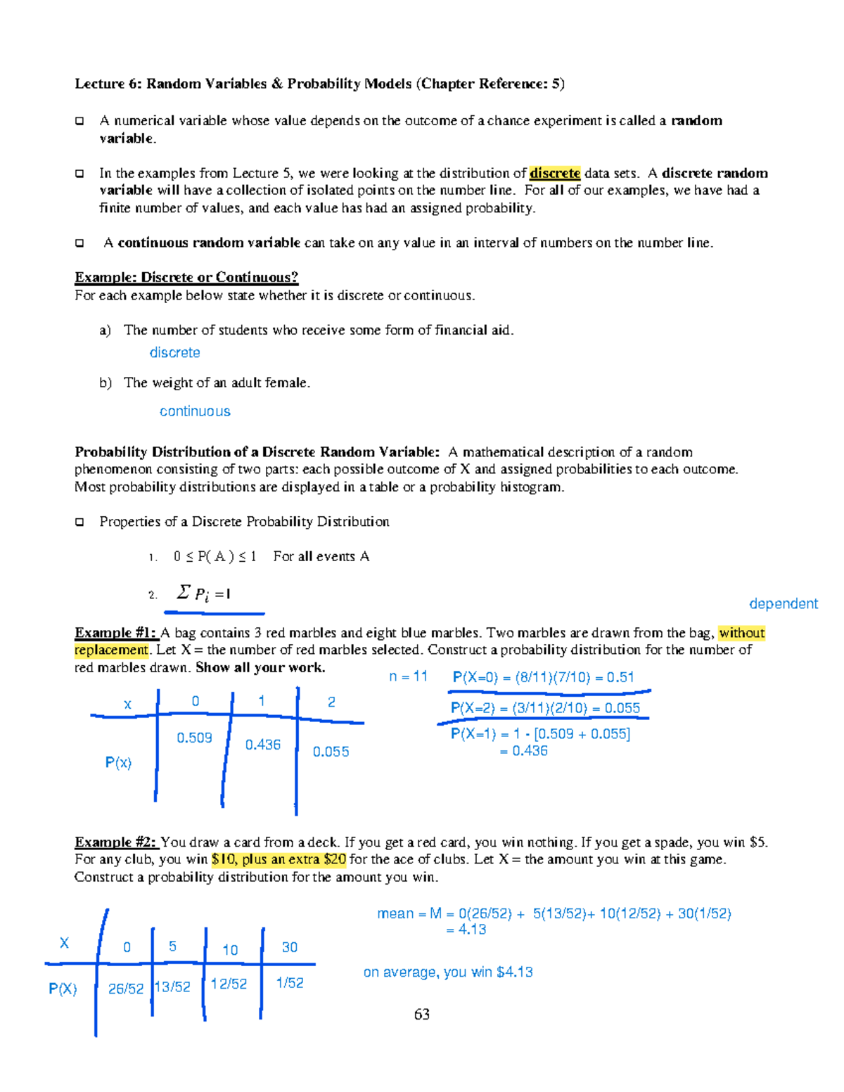 Lecture 6 stat - Lecture 6: Random Variables & Probability Models (Chapter Reference: 5) A - Studocu