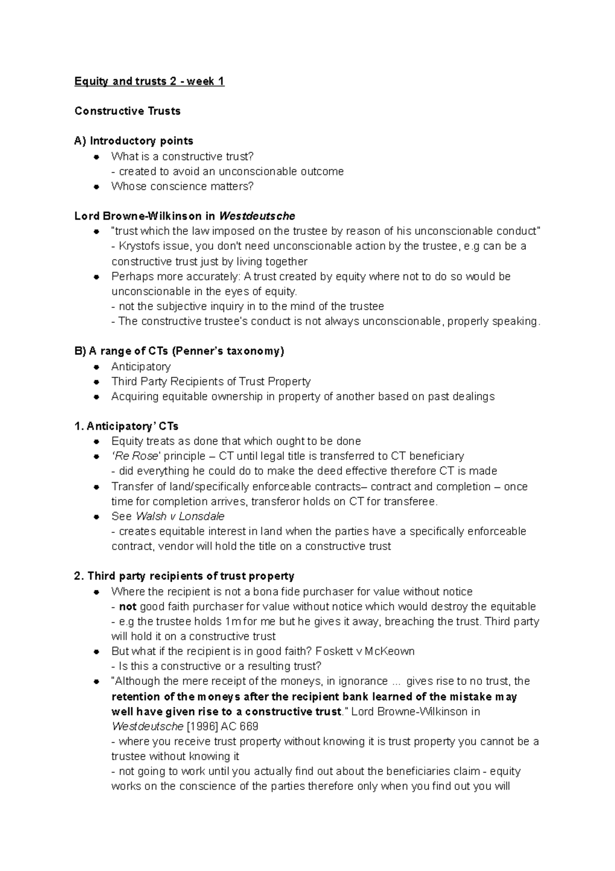 Equity and trusts 2 - week 1, Constructive Trusts - Equity and trusts 2 ...