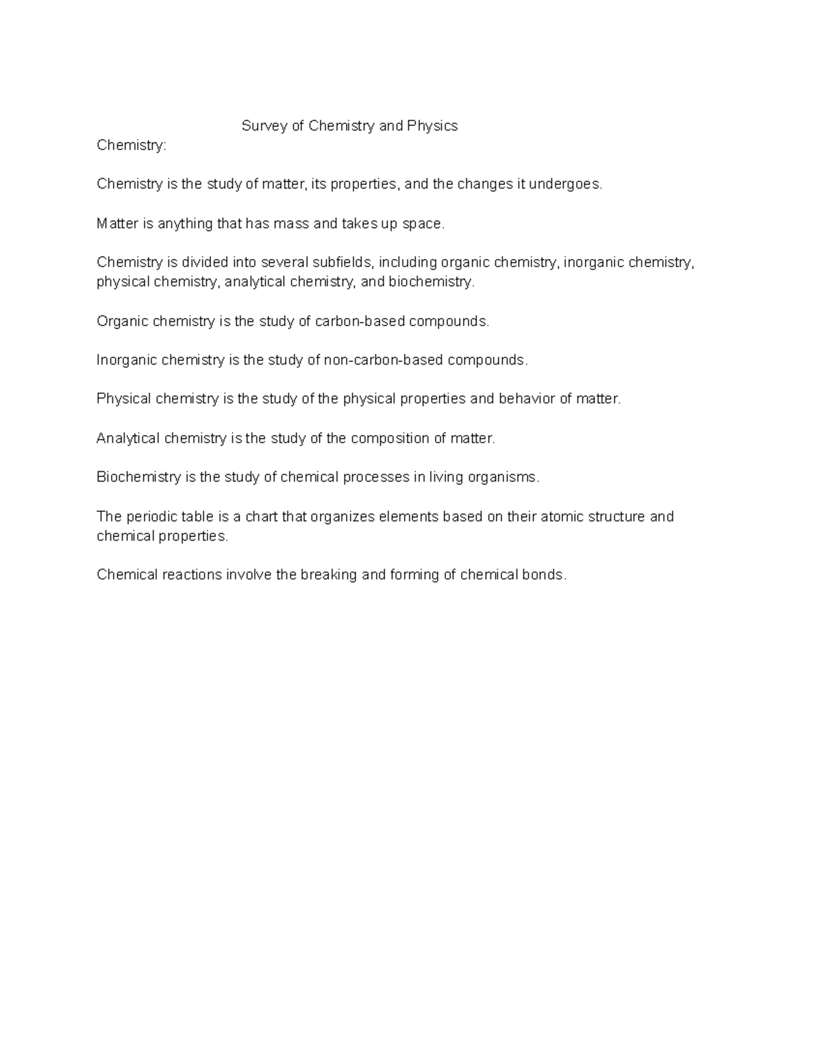 Survey Of Chemistry And Physics Notes Chemistry Survey Of Chemistry And Physics Chemistry Is