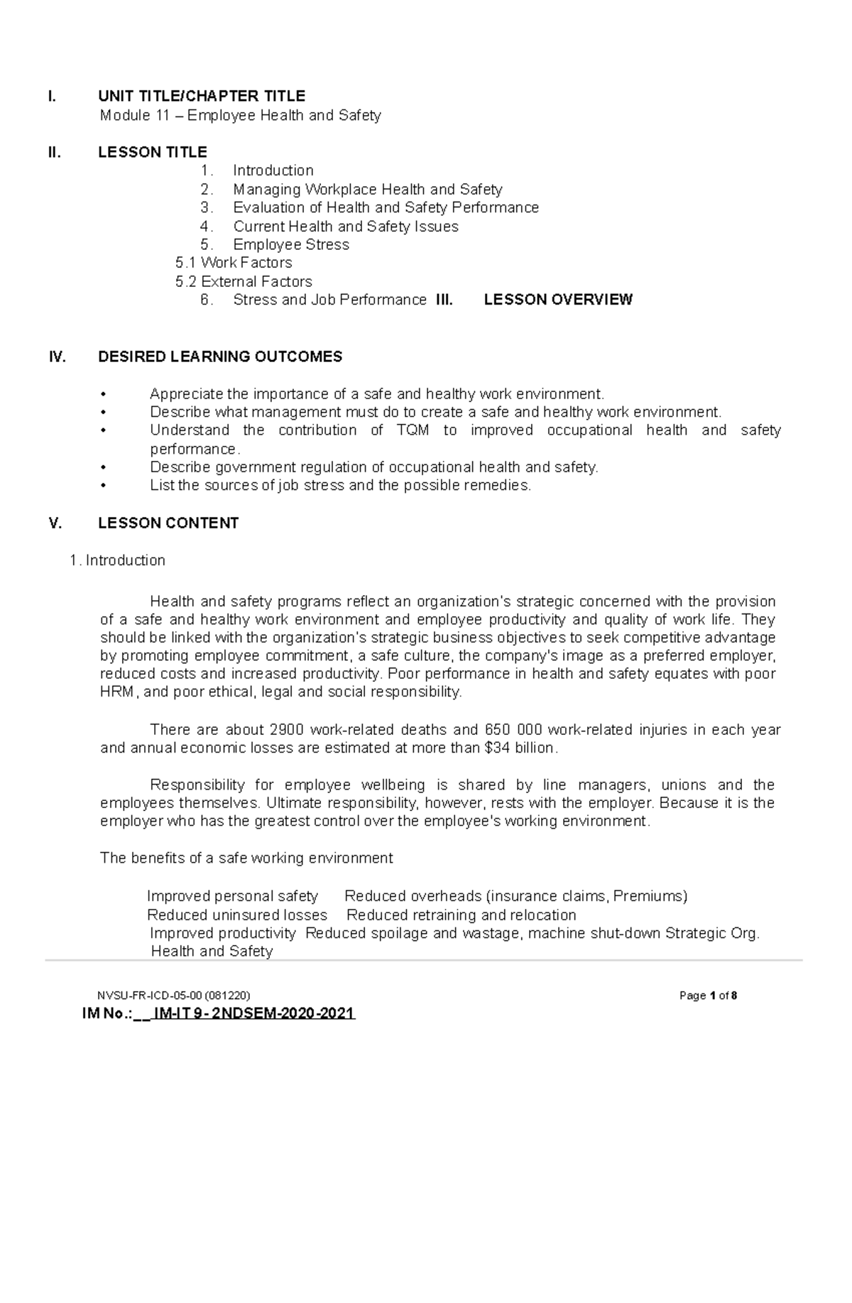 Module-11 - 1. Introduction 2. Managing Workplace Health and Safety 3 ...