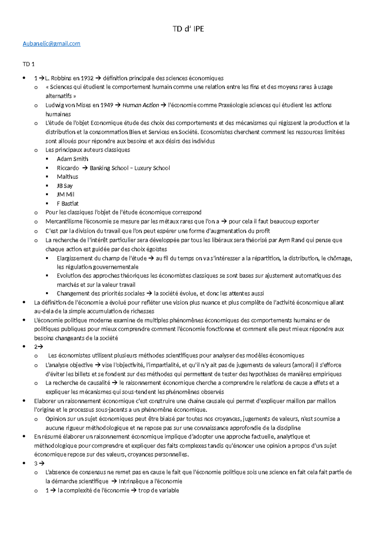 TD IPE - TD IPE Réponses - TD d’ IPE Aubaneljc@gmail TD 1 1 L. Robbins en 1932 définition - Studocu