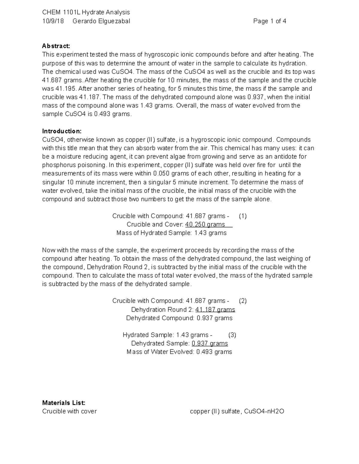 Hydrate Analysis Lab Report - CHEM 1101L Hydrate Analysis 10/9/18 ...