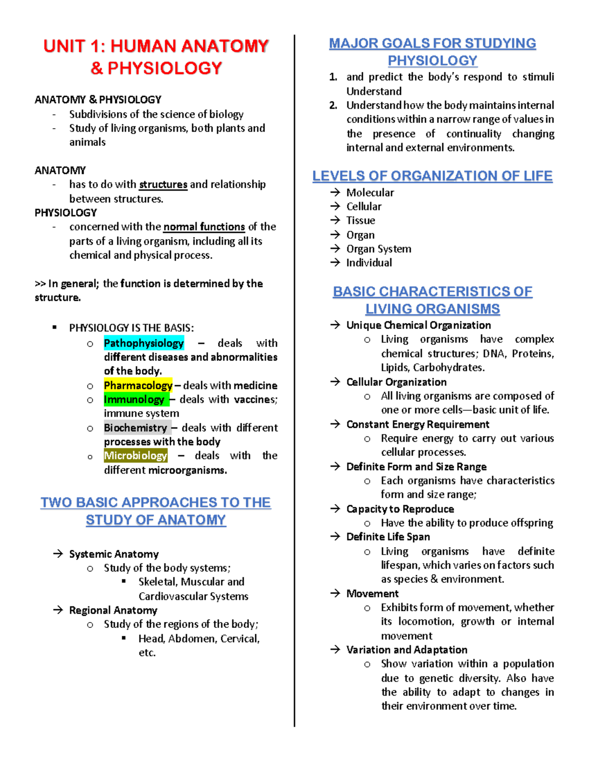 Anaphy- Notes - none - UNIT 1: HUMAN ANATOMY & PHYSIOLOGY ANATOMY ...