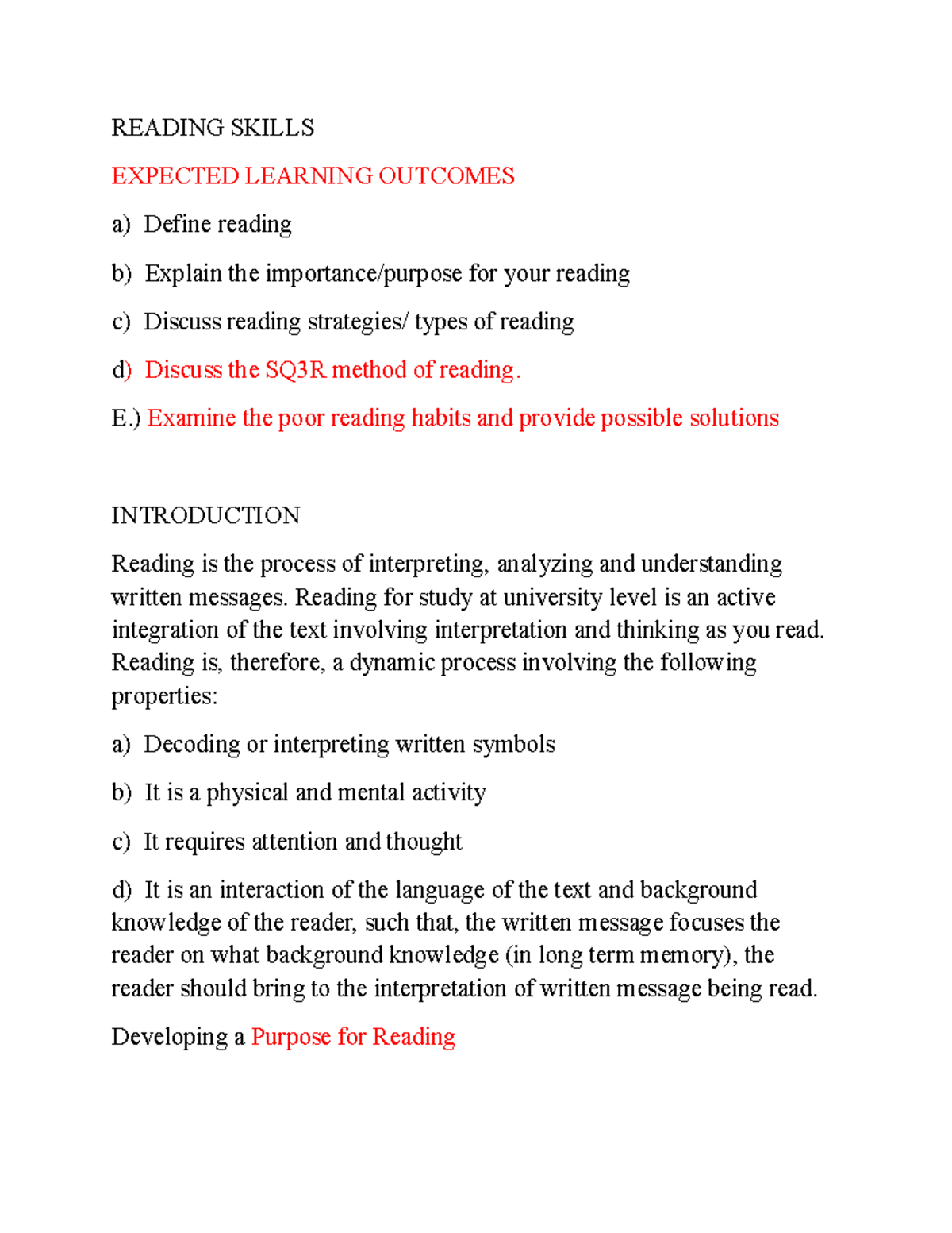 Reading Skills, updated - READING SKILLS EXPECTED LEARNING OUTCOMES a ...