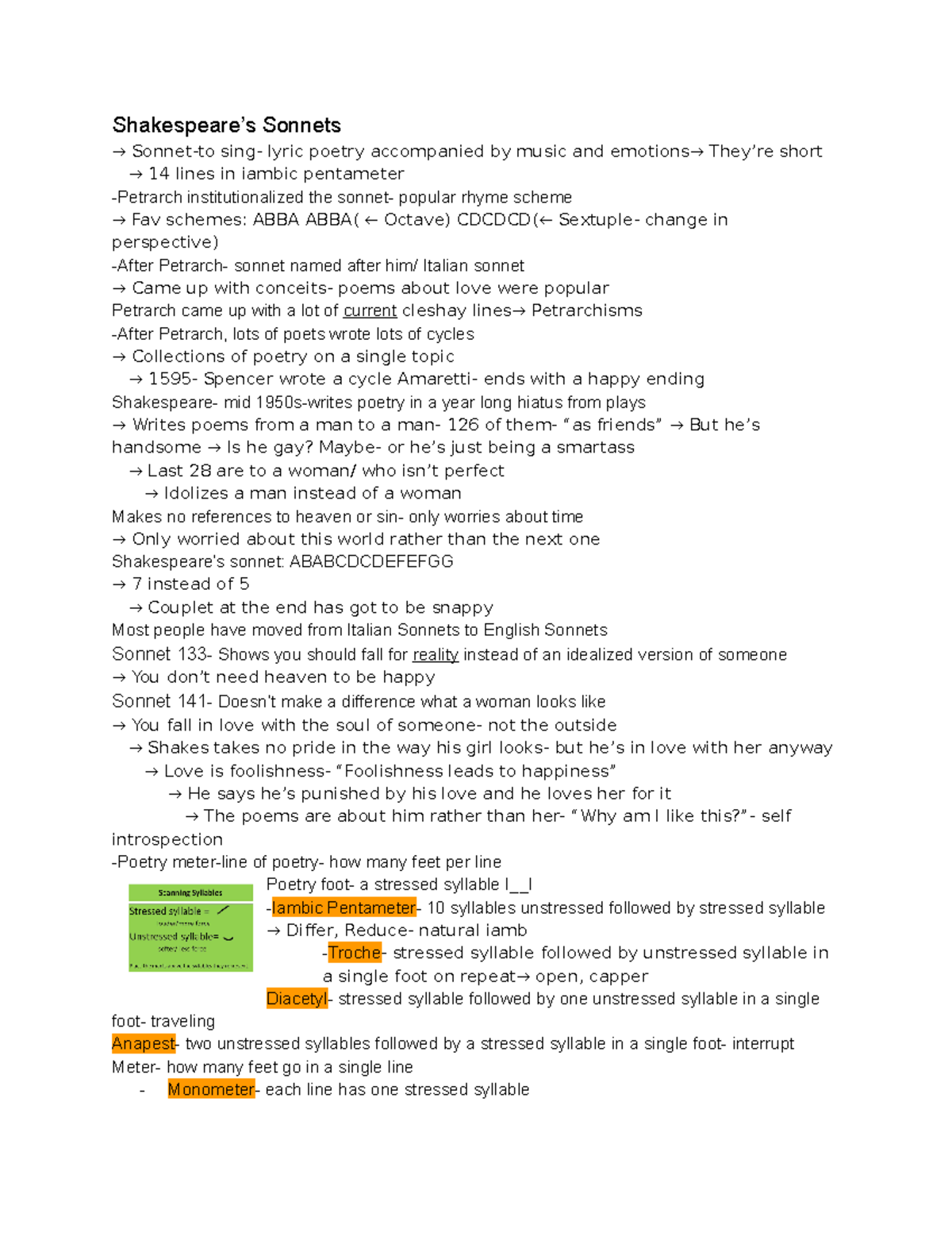 Shakespeare's Sonnets Lecture Notes for World Lit Survey One with ...