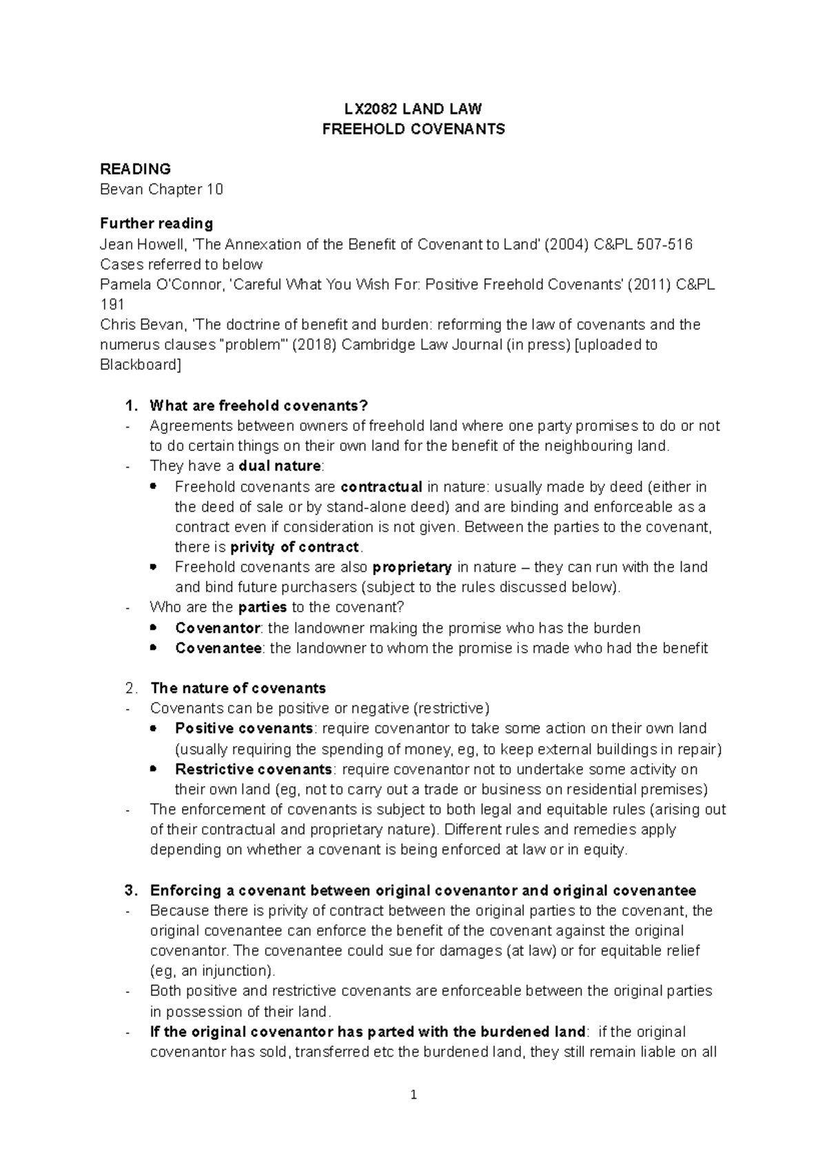 Freehold Covenants handout for land law - LX2082 LAND LAW FREEHOLD ...