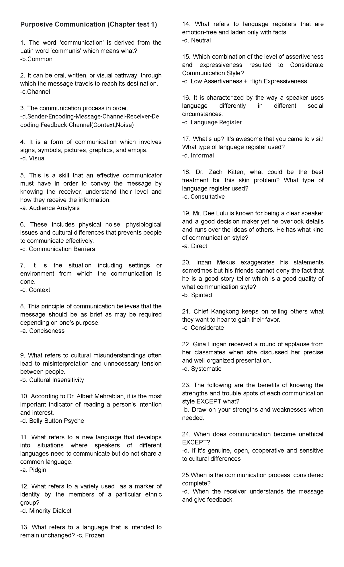 Purposive Communication Chapter test 1 -c The communication process in ...