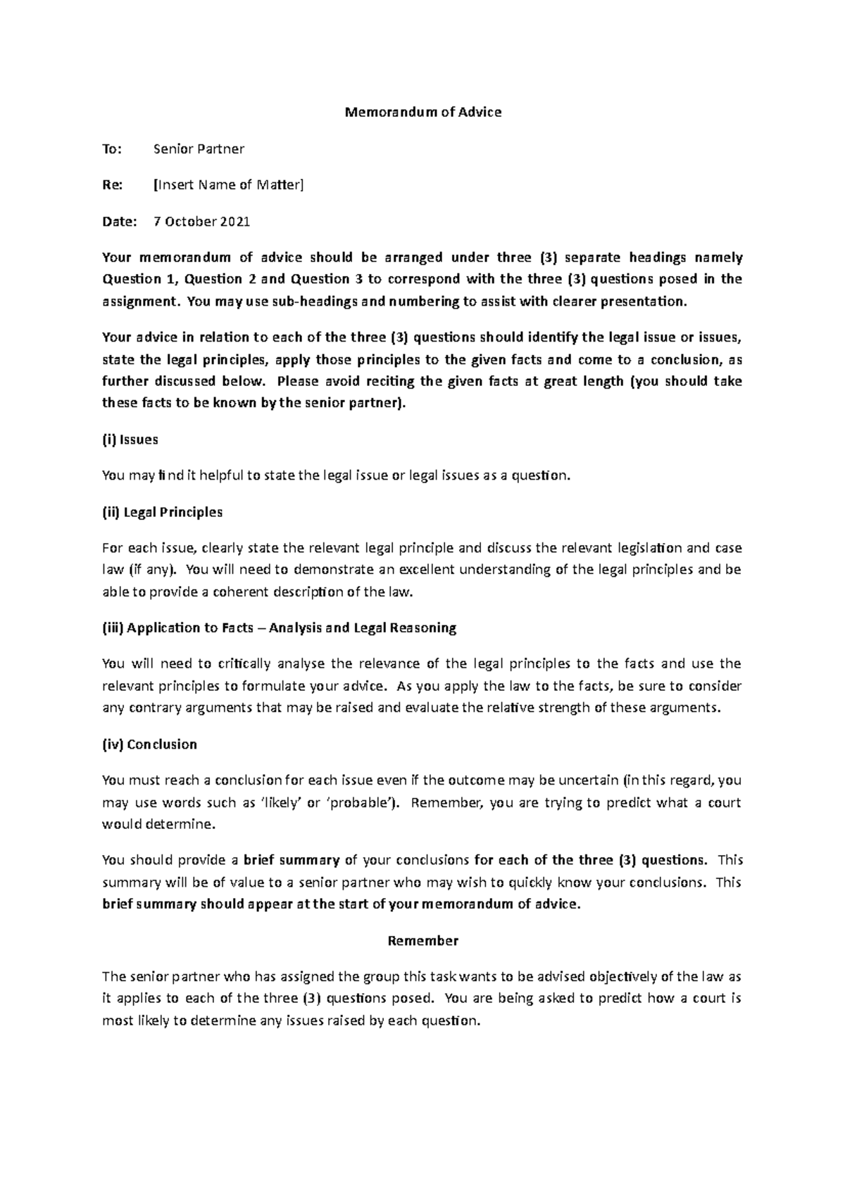 Memorandum of Advice (Structure 2021) - LLB204 - QUT - Studocu