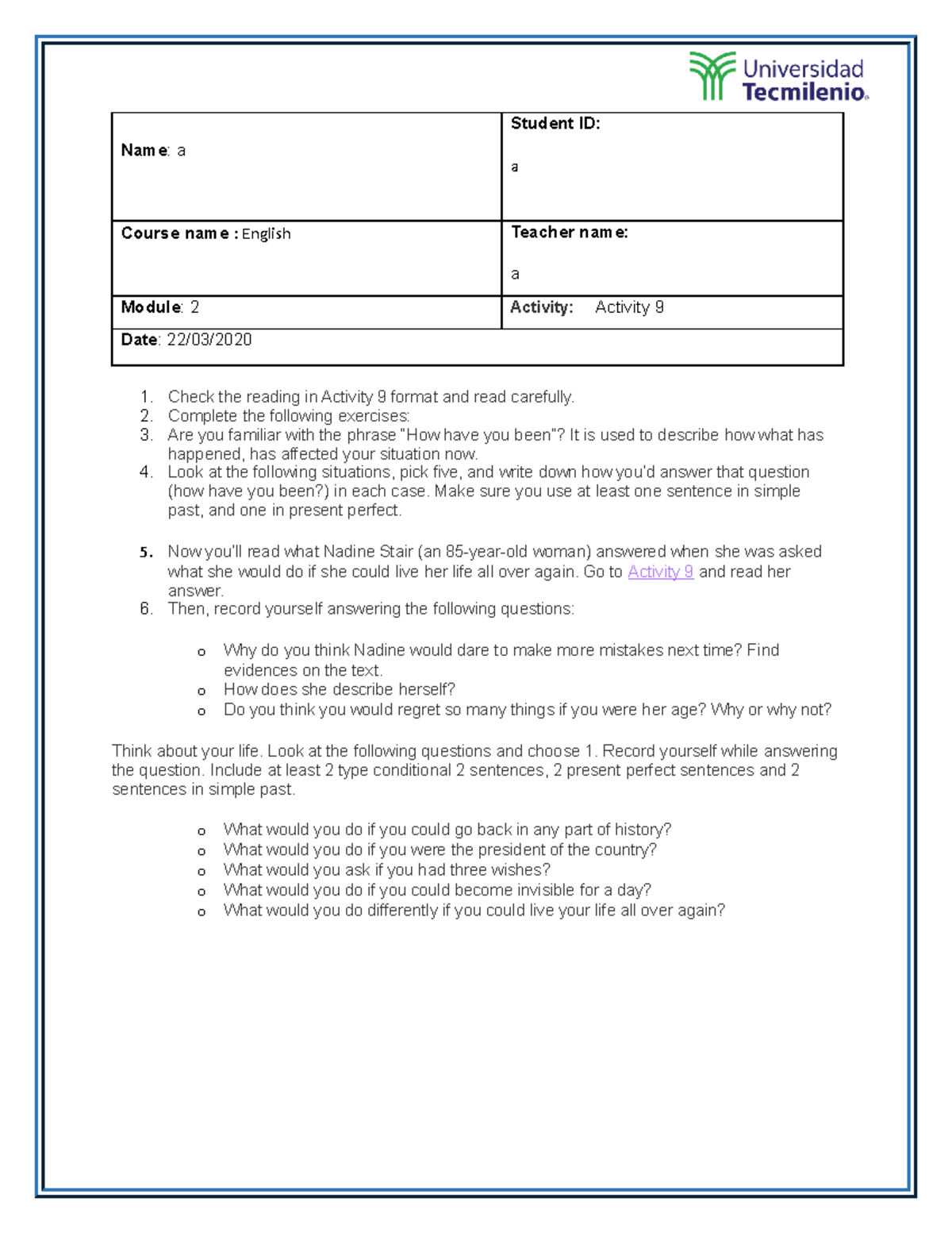Activity 9 1. Check the reading in Activity 9 format and read carefully ...