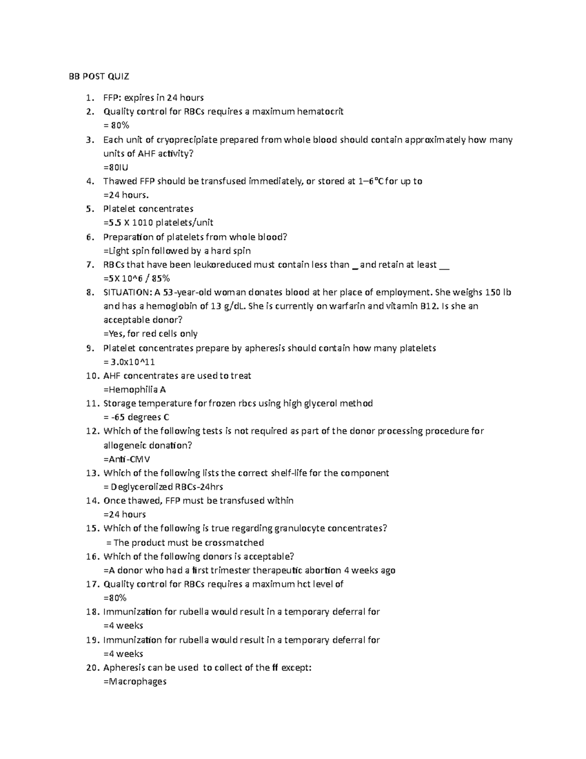 Blood Banking POST QUIZ 2 prelims 202 - BB POST QUIZ FFP: expires in 24 ...