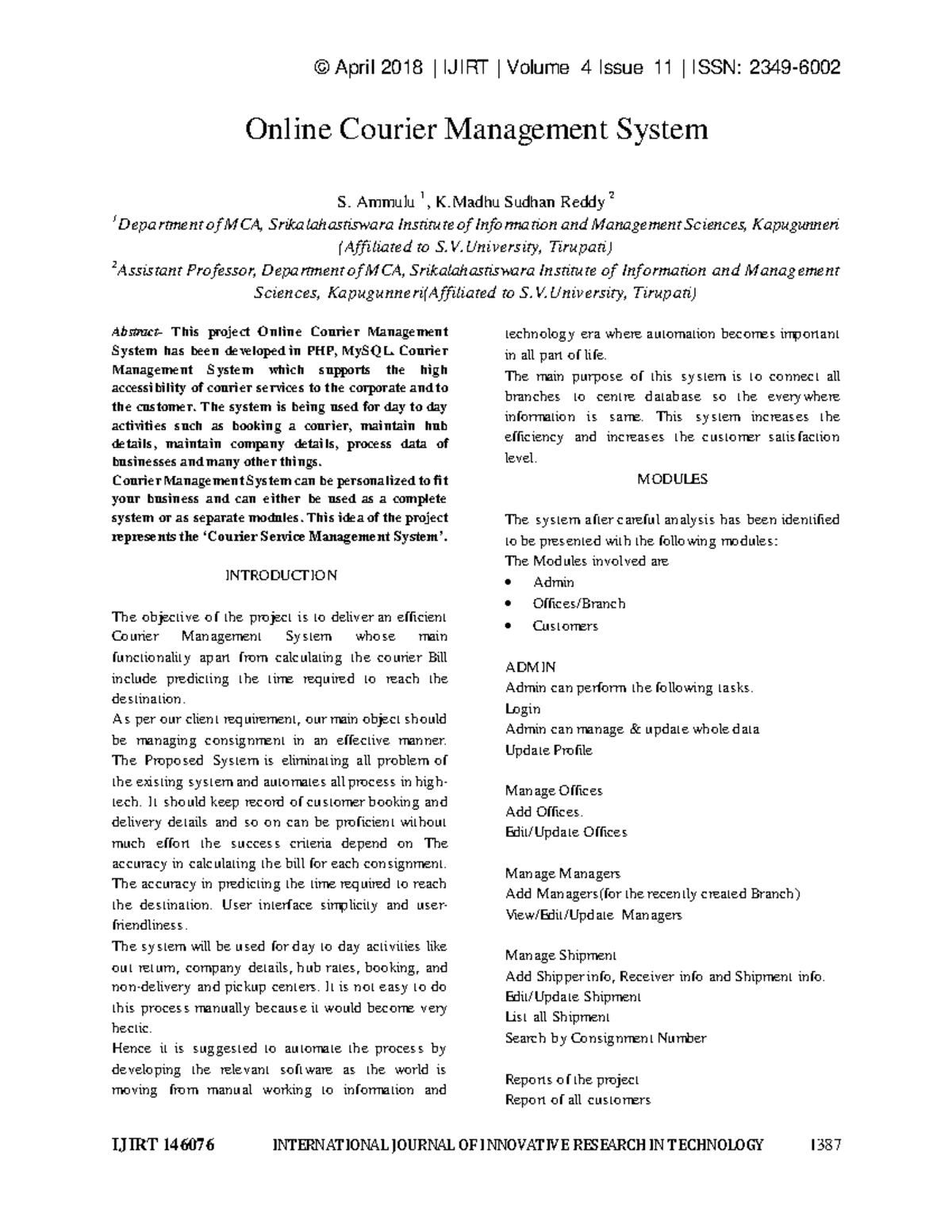 Cmp Paper - Online Courier Management System S. Ammulu 1 , K Sudhan ...