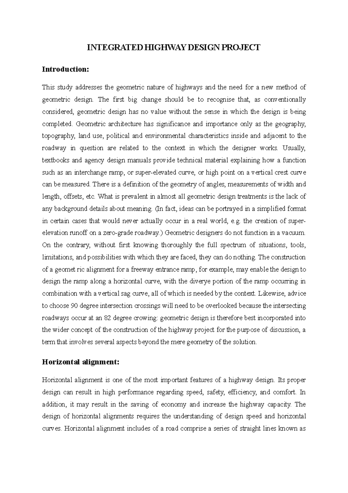 Alignment - Assignment - INTEGRATED HIGHWAY DESIGN PROJECT Introduction: This study addresses ...