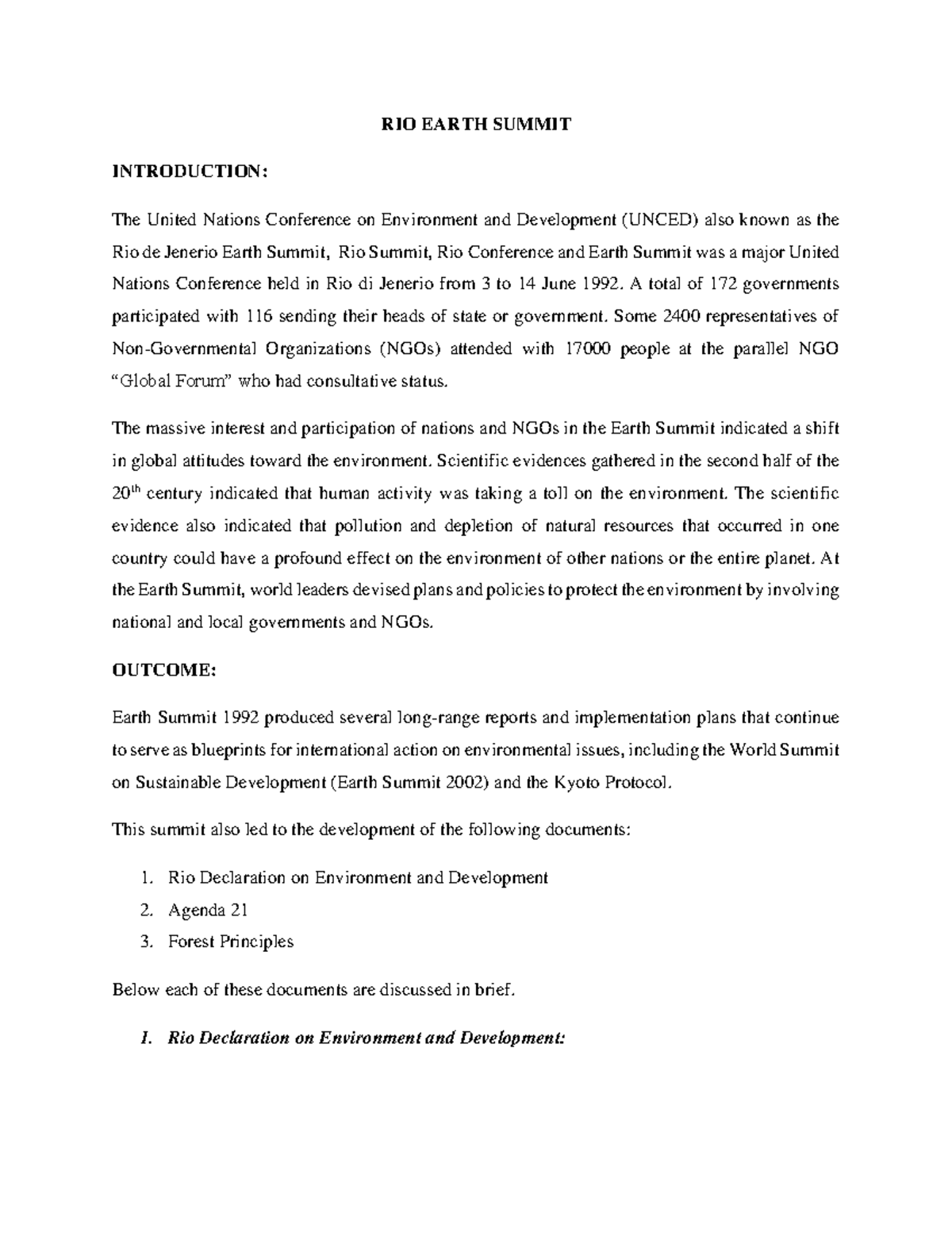 Rio Earth Suummit - Summary - RIO EARTH SUMMIT INTRODUCTION: The United ...