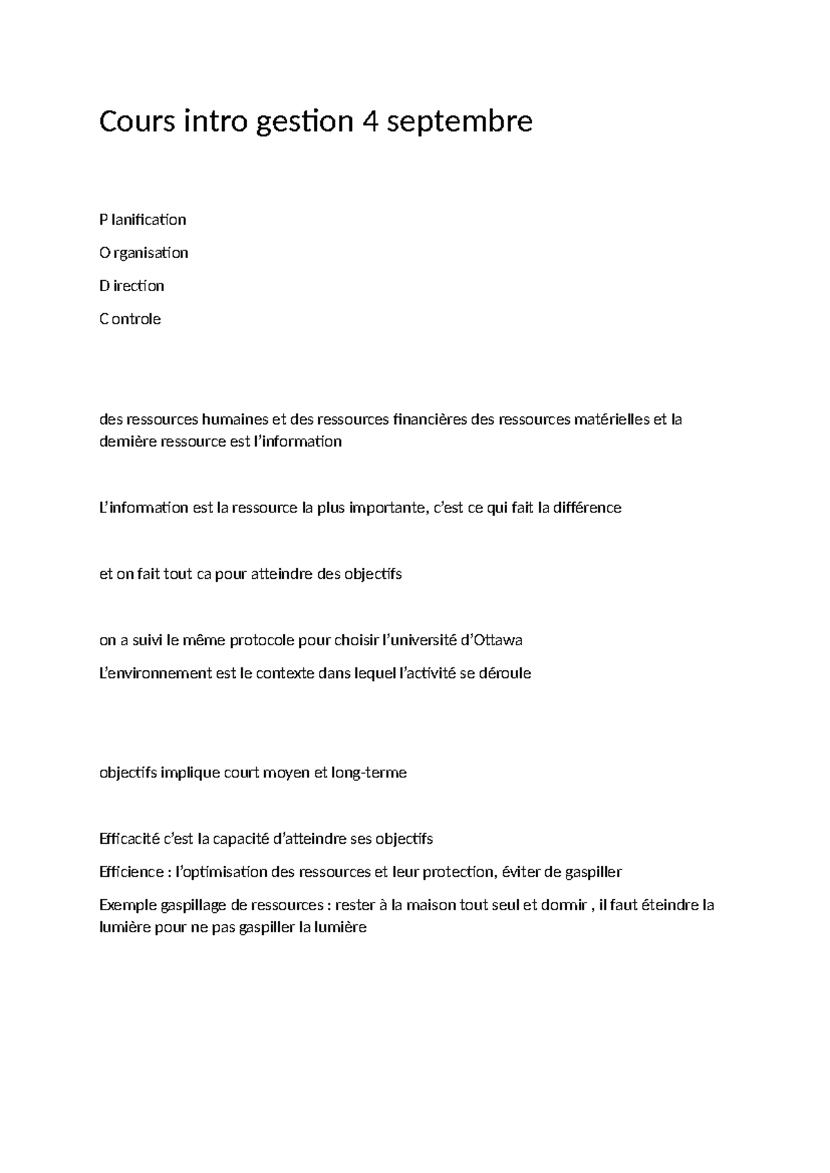 Cours intro gestion 4 septembre - Cours intro gestion 4 septembre P ...