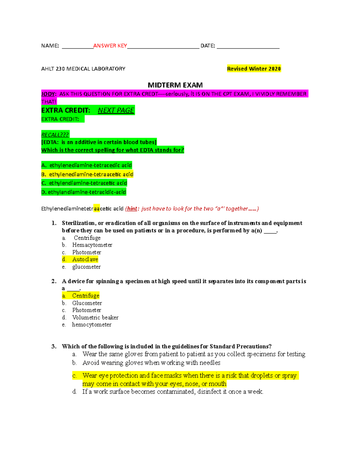 AHLT 230 Midterm Answer Key - NAME: ANSWER KEY_____________ DATE: ____________________ AHLT 230 ...