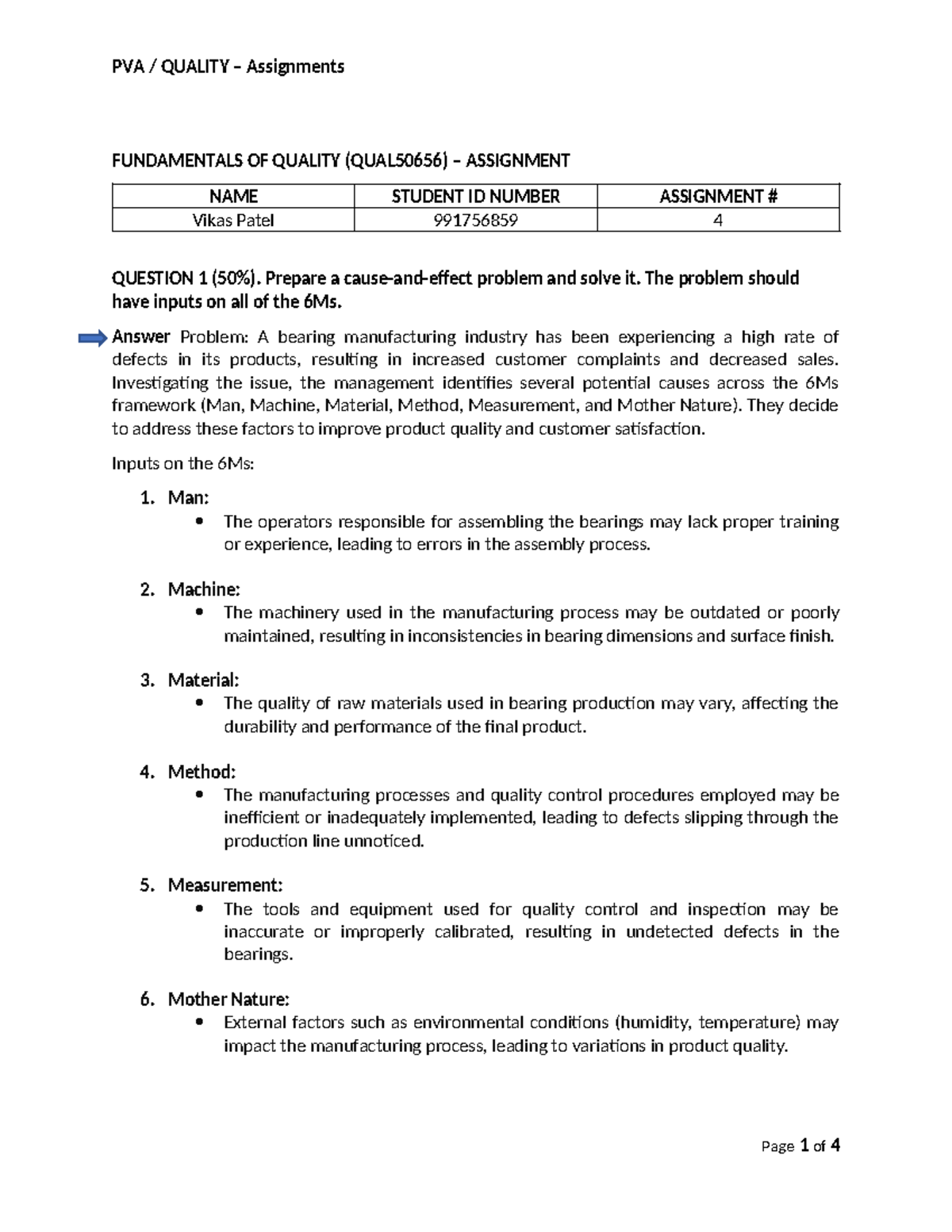 FQC assignment - 4 - FUNDAMENTALS OF QUALITY (QUAL50656) – ASSIGNMENT ...